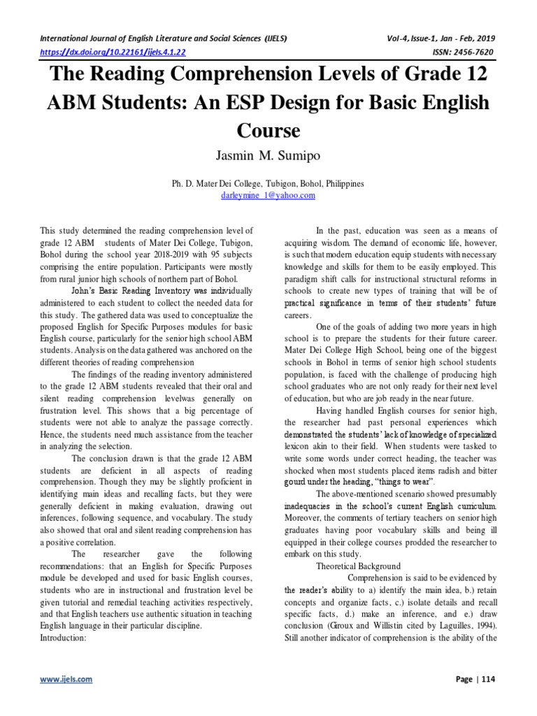 The Reading Comprehension Levels Of Grade 12 ABM Students An ESP 