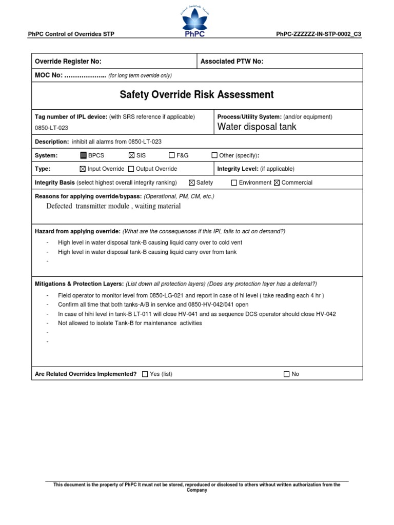 Safety Override Risk Assessment: Water Disposal Tank | PDF | Safety