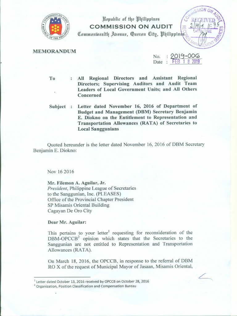 COA Memo 2019-006 Entitlement to RATA of Secretaries to the Local ...