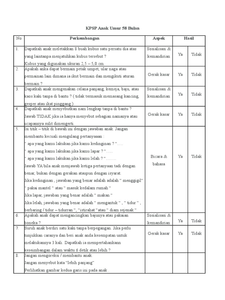 KPSP Anak Umur 54 Bulan | PDF