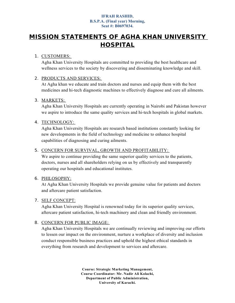 Mission Statements of Agha Khan University Hospital | PDF | Hospital ...