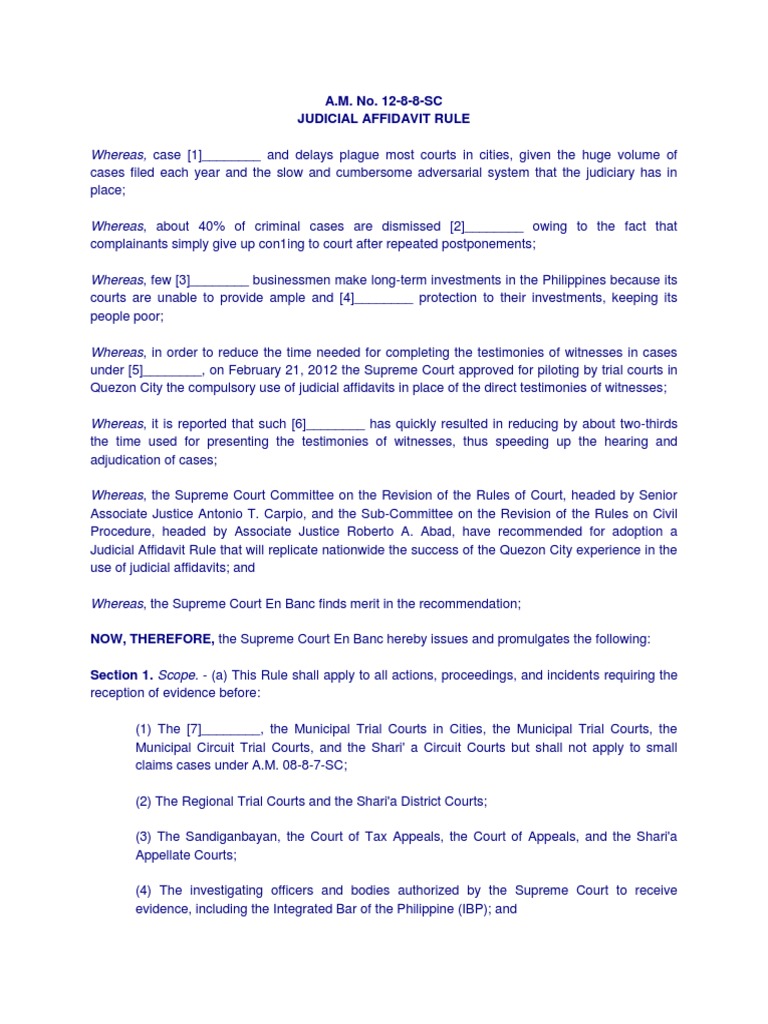 A.M. No. 12-8-8-SC Judicial Affidavit Rule | PDF | Witness | Affidavit