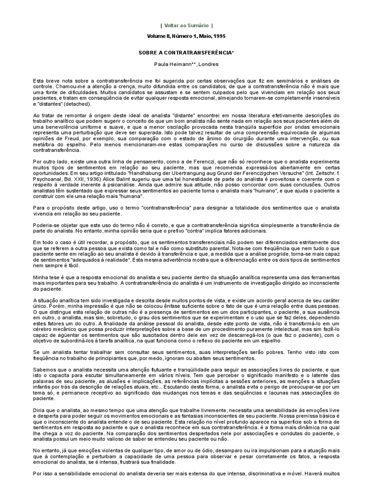Heimann P Sobre A Contratransferencia Paula Heimann PDF | PDF | Sigmund ...