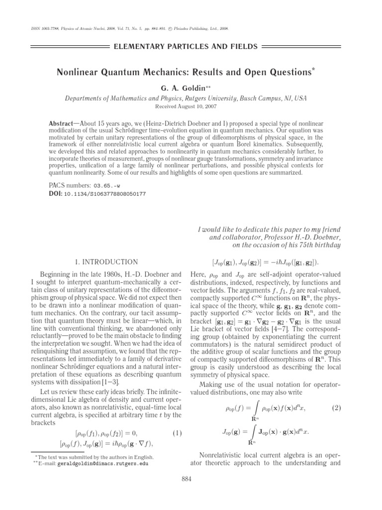 Nonlinear Quantum Mechanics: Results and Open Questions: Elementary Particles and Fields | PDF ...