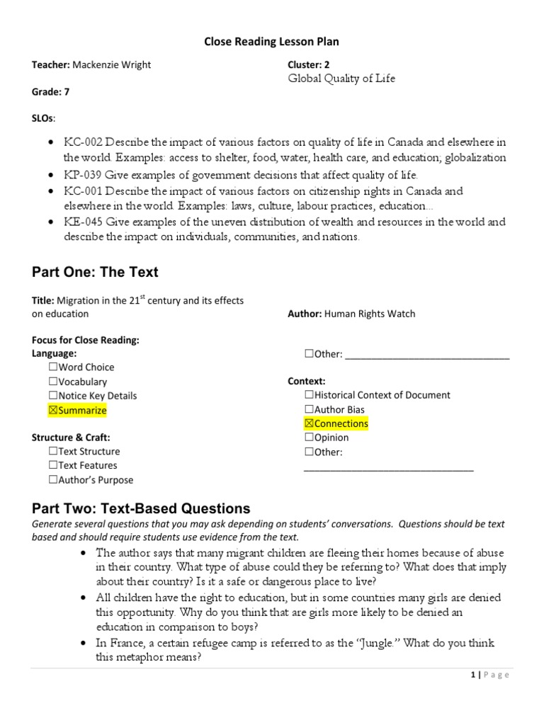 Close Reading Lesson Plan Migration in The 21st Century | PDF | Reading ...