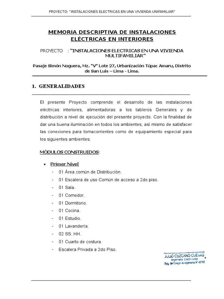 Memoria Descriptiva IIEE | PDF | Ingenieria Eléctrica | Ingeniería de Edificación
