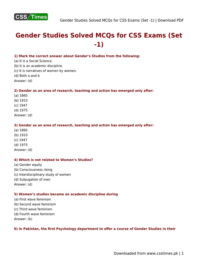 Gender Studies Solved MCQs For CSS Exams (Set - 1) - Download PDF | PDF ...