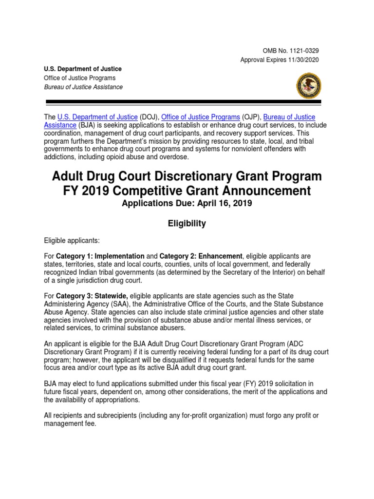 Adult Drug Court Discretionary Grant Program FY 2019 Competitive Grant ...