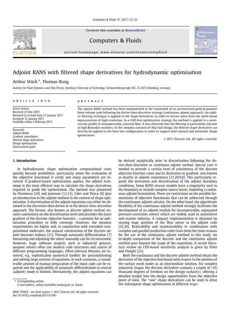 Adjoint Rans With Filtered Shape Derivatives For Hydrodynamic Optimisation | PDF | Calculus Of ...