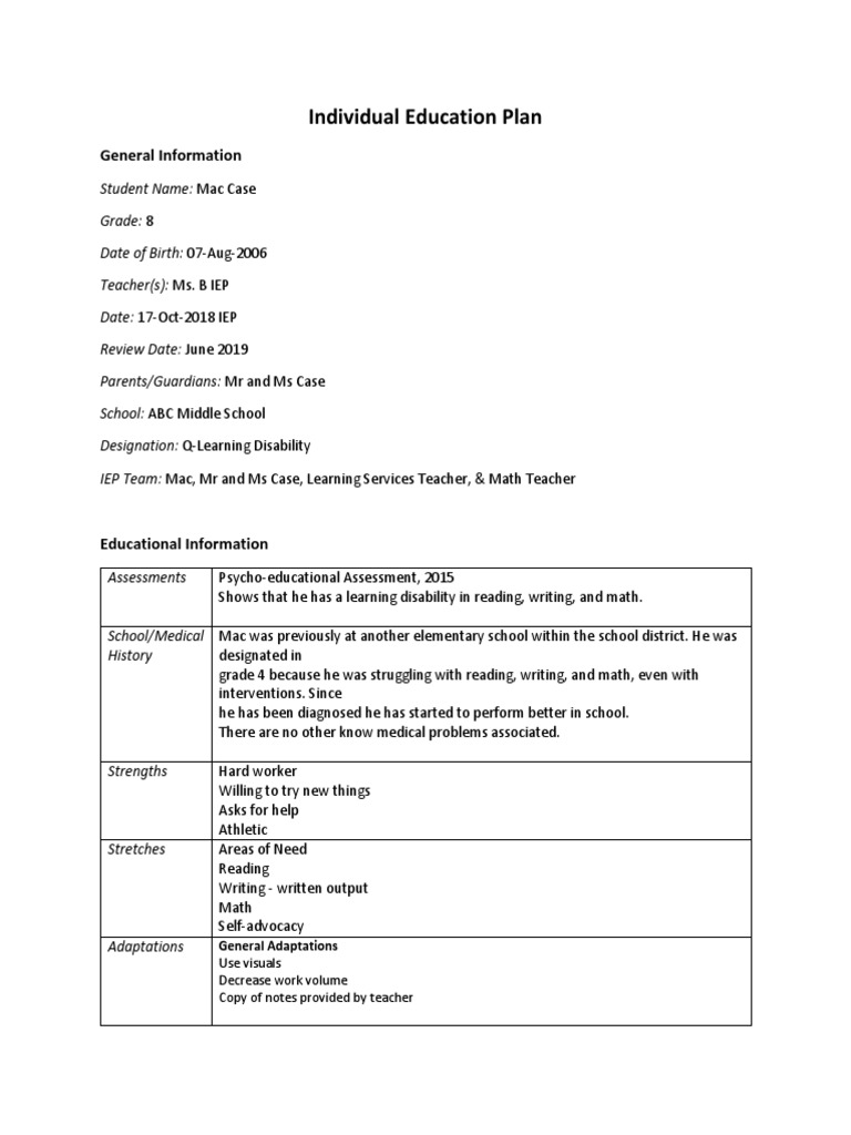 Individual Education Plan | PDF | Individualized Education Program | Applied Psychology