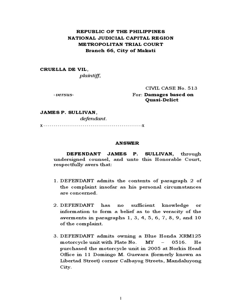 Defendant's Answer and Affirmative Defenses in a Civil Case for Damages ...