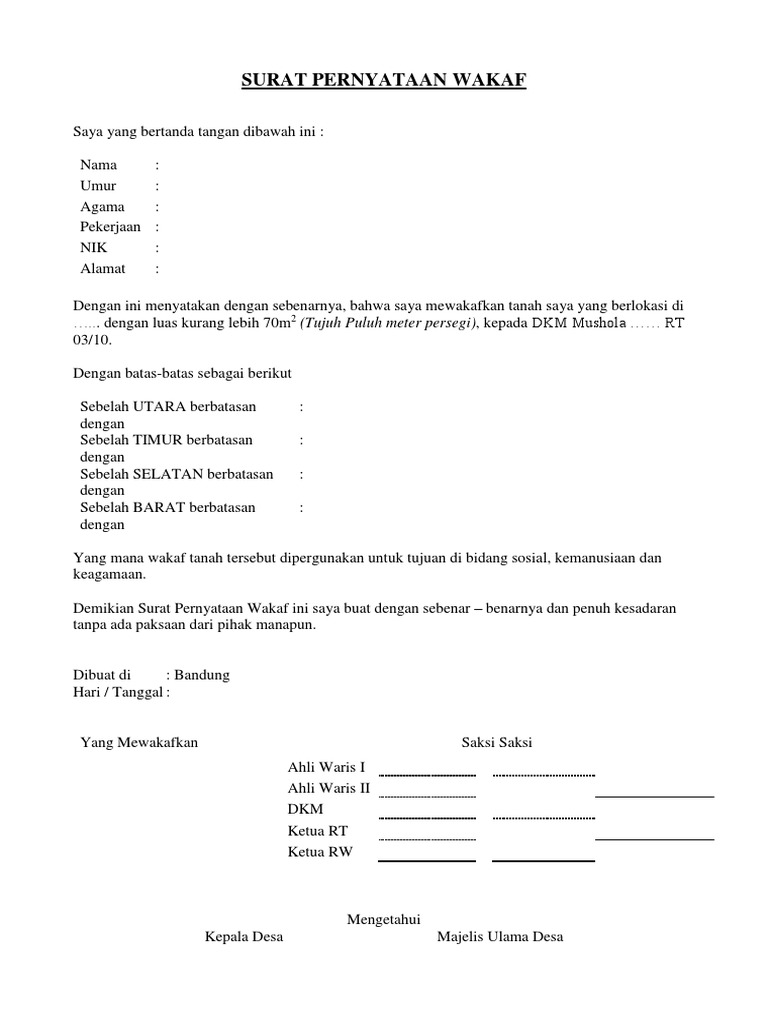 Contoh Surat Pernyataan Wakaf Tanah | PDF