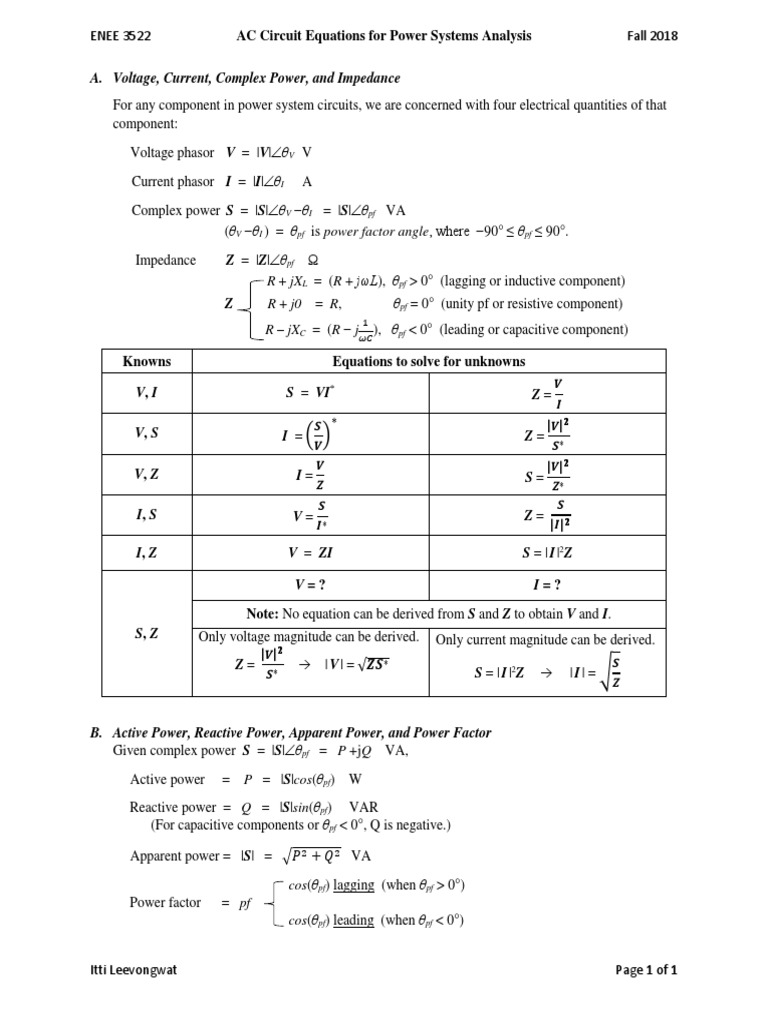 Power Equation Sheet | PDF | Ac Power | Electrical Impedance