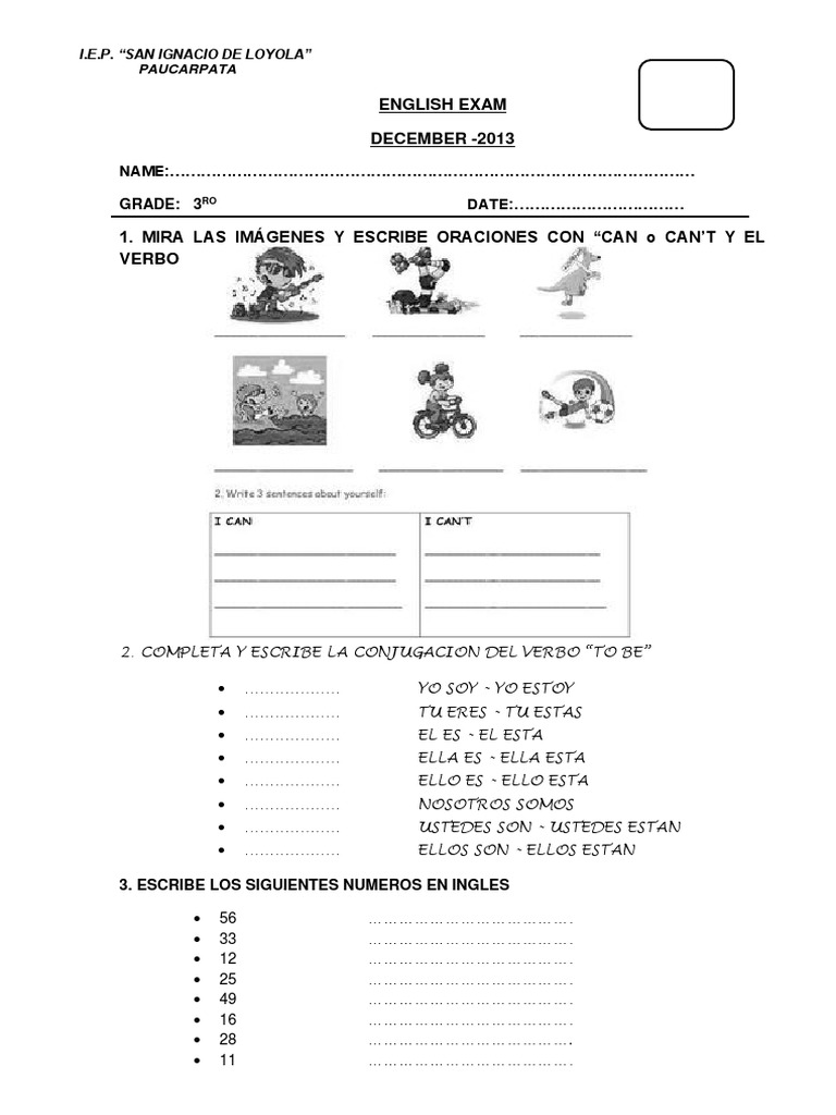 Examen de Inglés 3er Grado Primaria | PDF | Tipología Lingüística ...