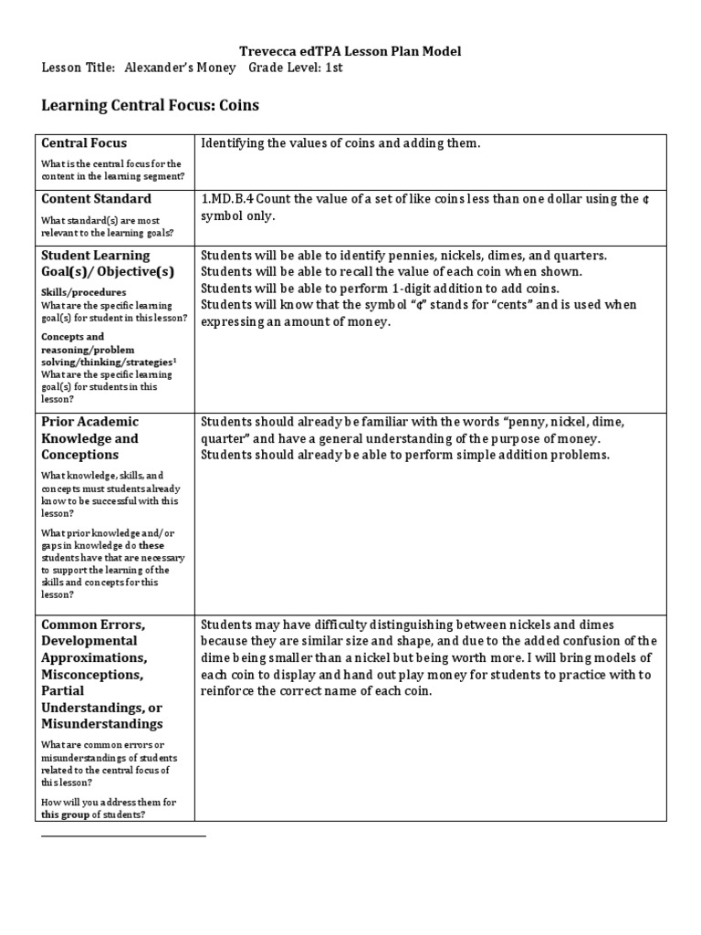 First Grade Math Lesson - Money | PDF | Educational Assessment | Lesson ...