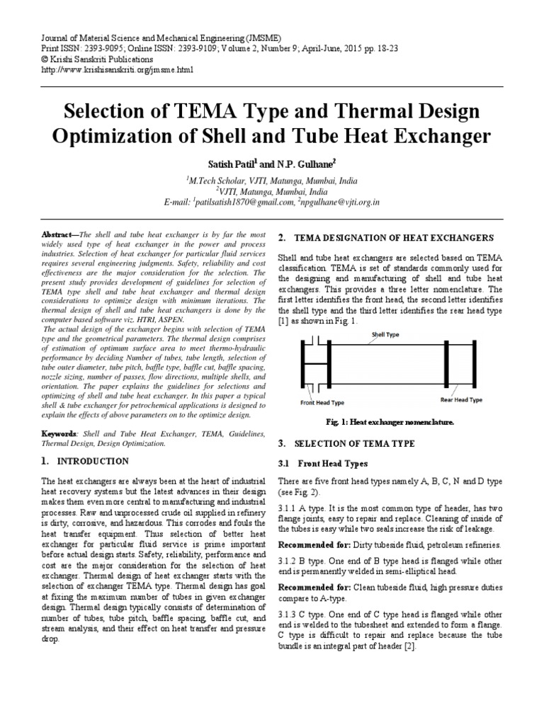 Selection of TEMA Type and Thermal Design Optimization of Shell and ...