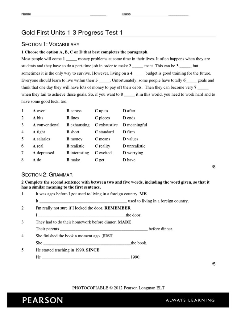Gold First Units 1-3 Progress Test 1: Name - Class | PDF
