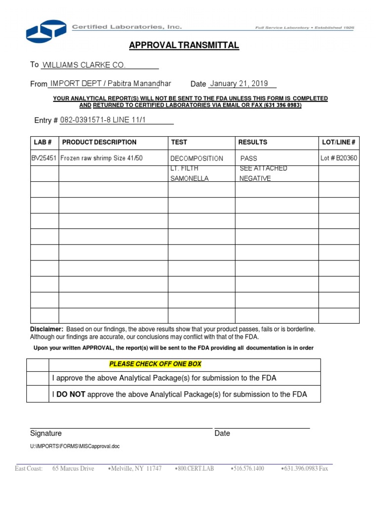 Approval Transmittal: Lab # Product Description Test Results Lot/Line ...