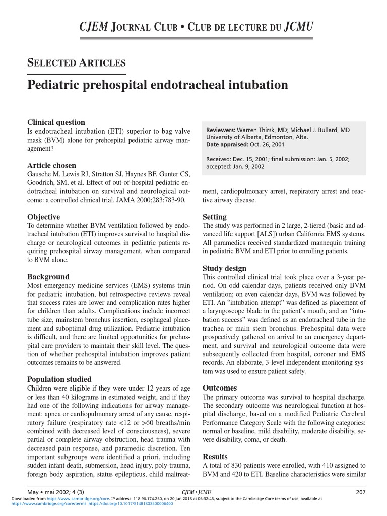 Pediatric Prehospital Endotracheal Intubation | PDF | Emergency Medical Services | Medicine