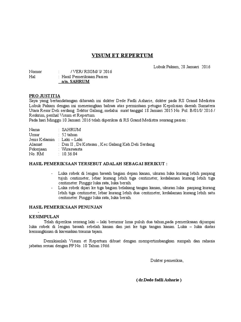 Contoh Hasil Visum Et Repertum | PDF