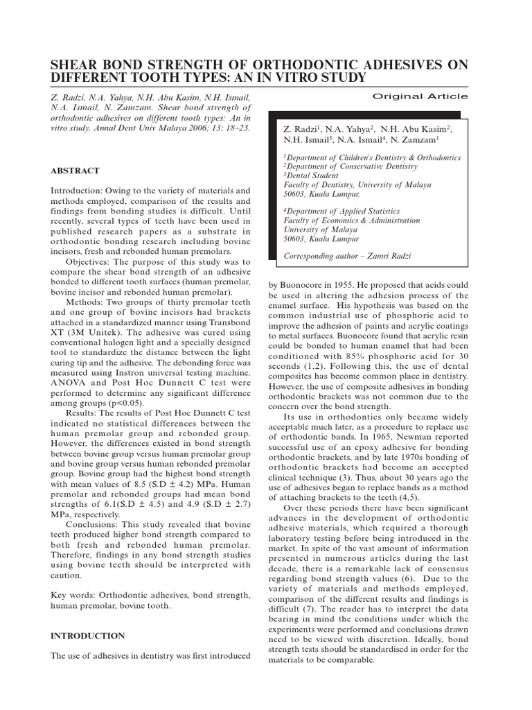 Shear Bond Strength of Orthodontic Adhesives On Different Tooth Types ...