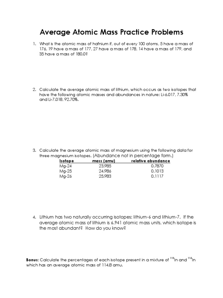 Average Atomic Mass Practice Problems | PDF
