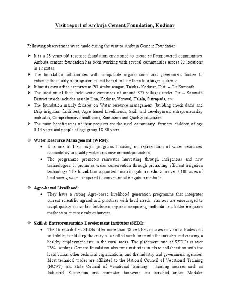 Ambuja Cement Foundation Visit Report | PDF | Vocational Education ...