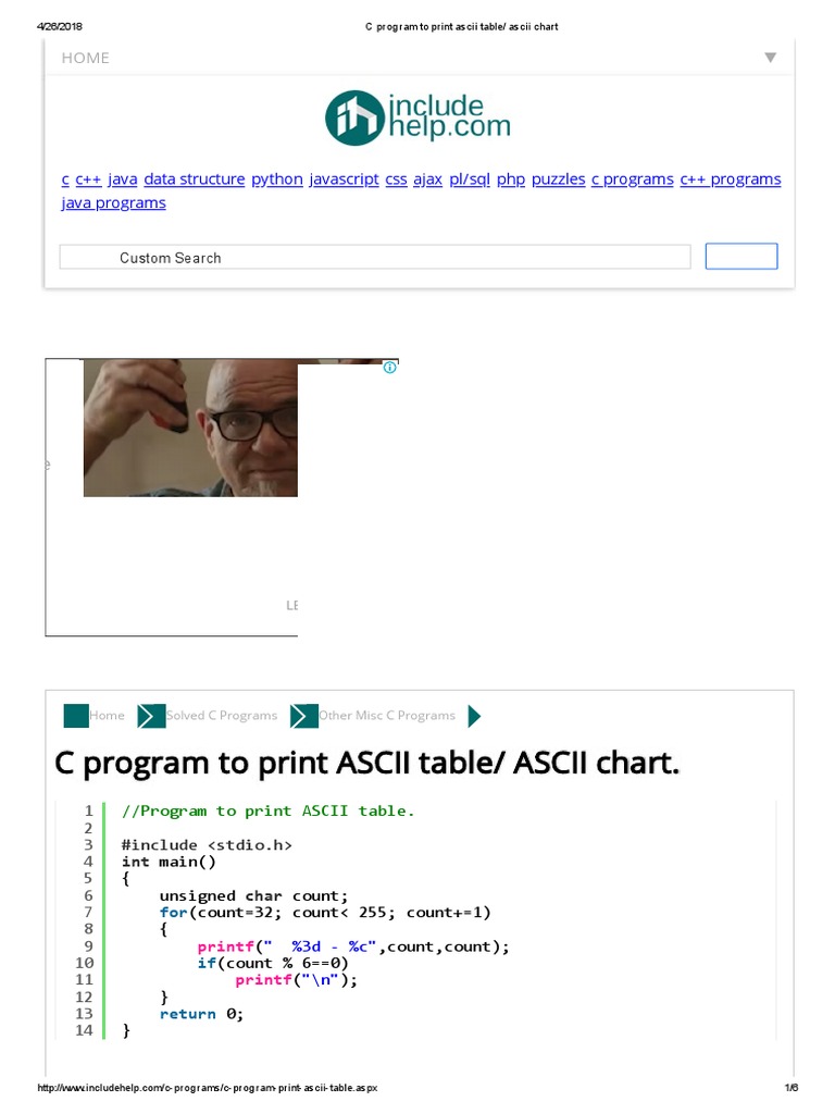 C Program To Print Ascii Table - Ascii Chart | PDF | C (Programming ...