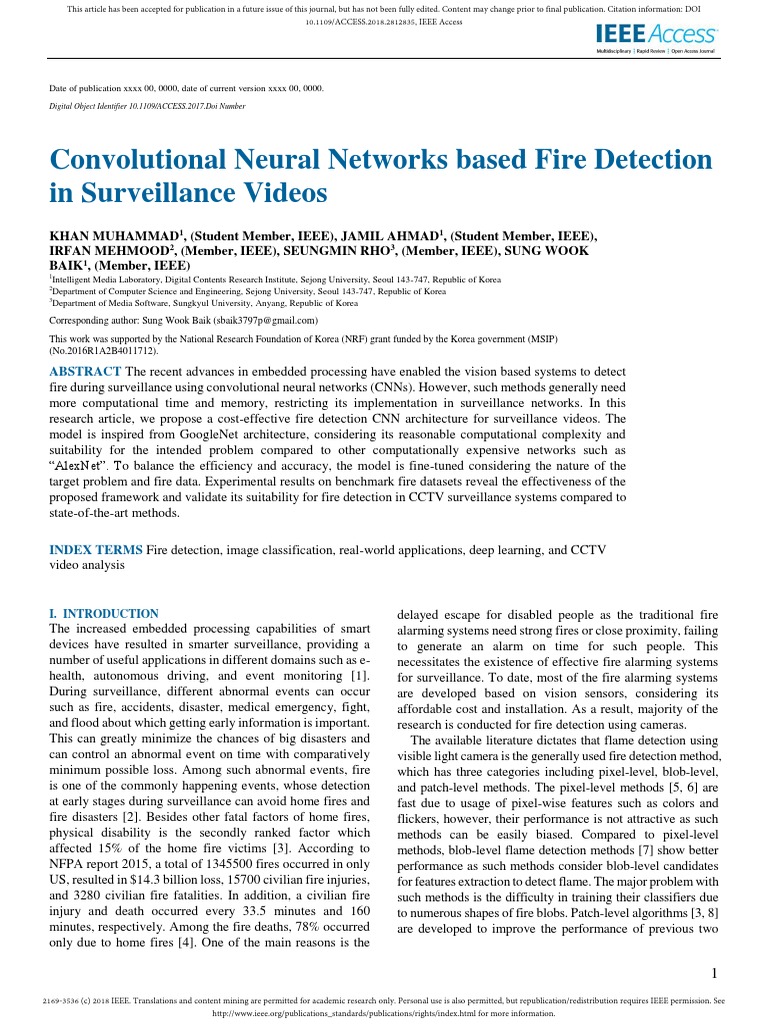 Convolutional Neural Networks Based Fire Detection In Surveillance Videos Pdf Applied