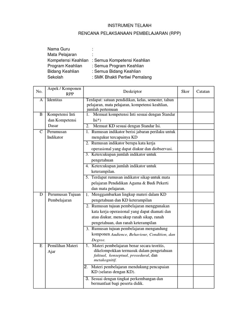 Instrumen Telaah RPP | PDF | Karier & Perkembangan | Bisnis