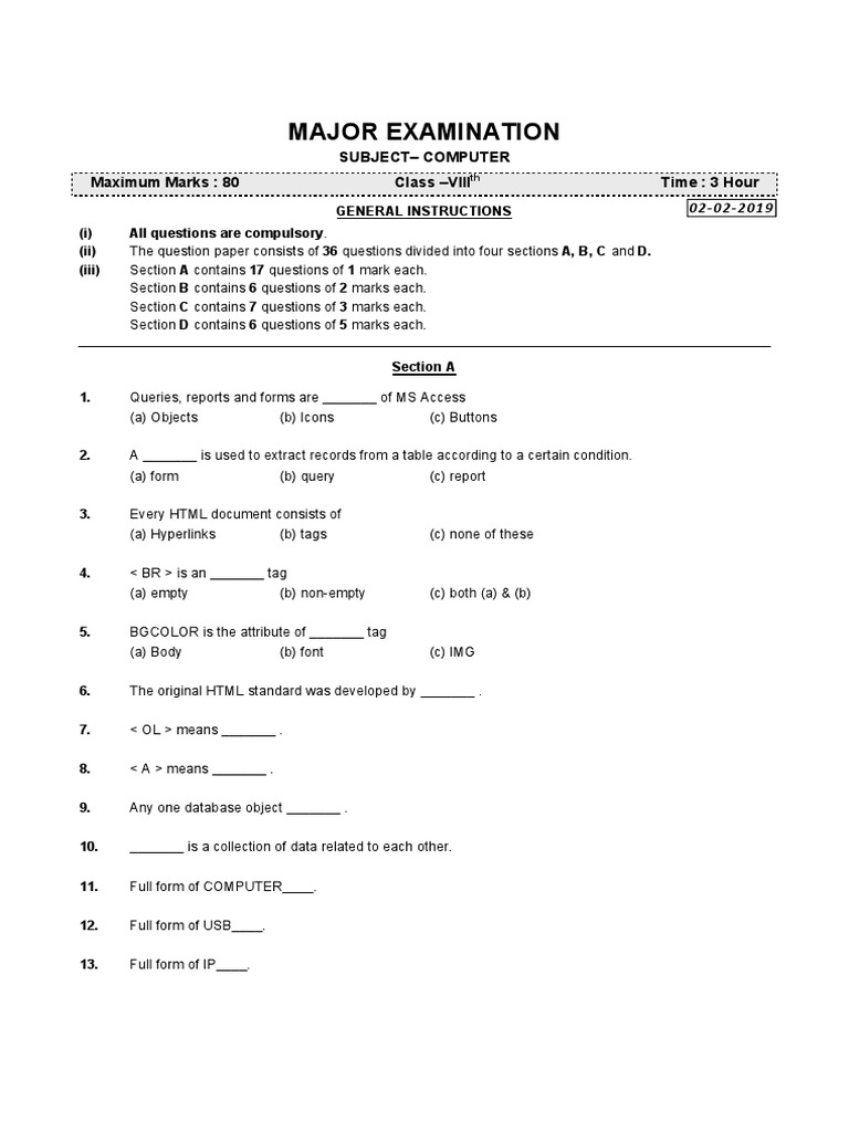 Major Examination: Subject - Computer Maximum Marks: 80 Class - VIII ...