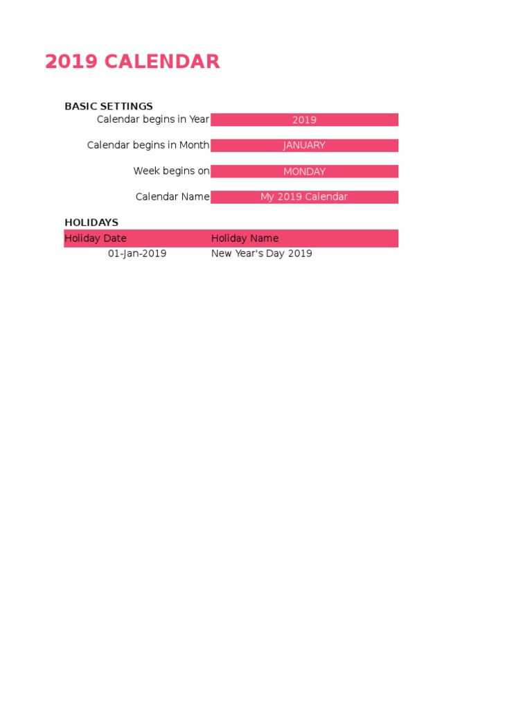 2019 Calendar Excel Template | PDF | Workweek And Weekend | Holidays