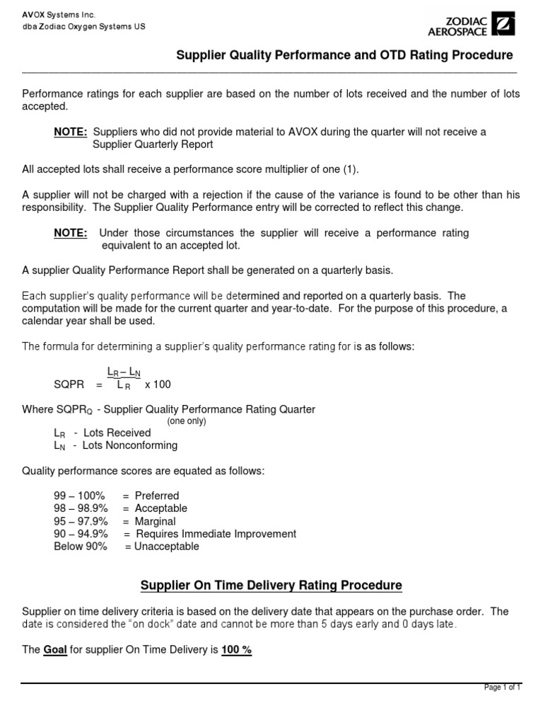 Supplier Quality Performance and OTD Rating Procedure: (One Only) | PDF