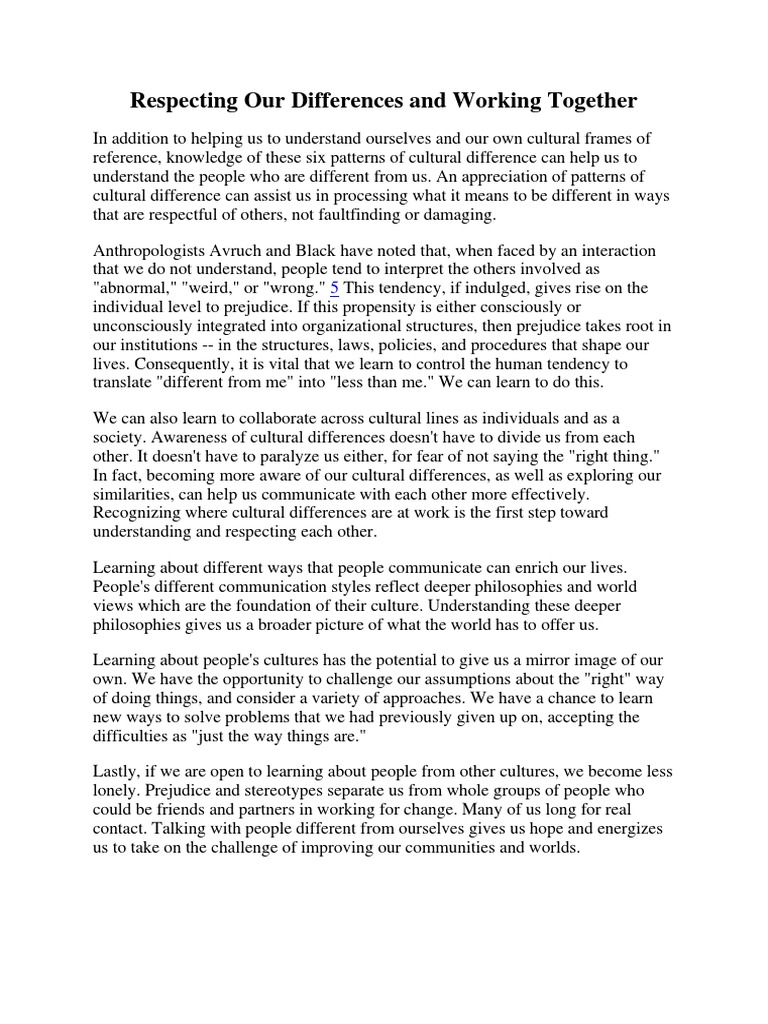 Respecting Our Differences and Working Together | PDF | Cultural ...