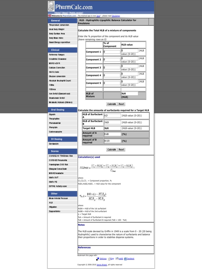 HLB Hydrophylic-Lipophilic Balance Calculator | PDF | Medical ...