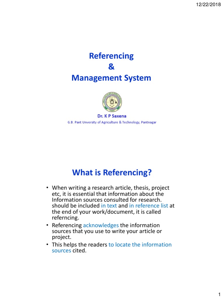 Referencing & Management System: in Text in Reference List | PDF ...