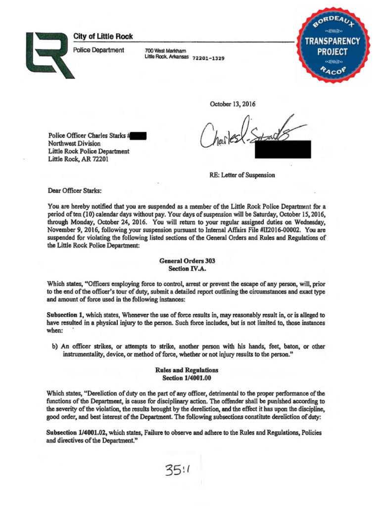 Letter of suspension for LRPD officer Charles Starks | Police Officer ...
