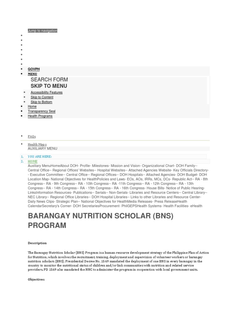 Barangay Nutrition Scholar (BNS) Program: Search Form | PDF | Wellness ...