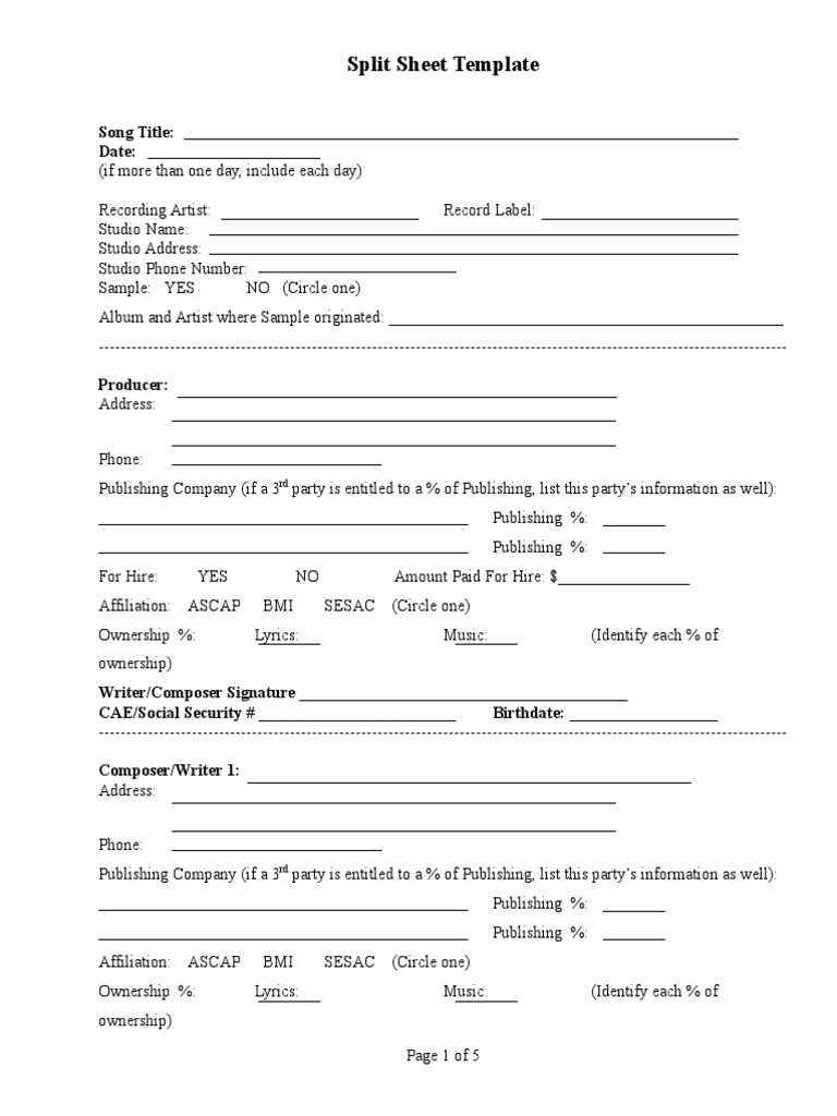 Music Split Sheet Template | PDF | Albums | Cultural Economics