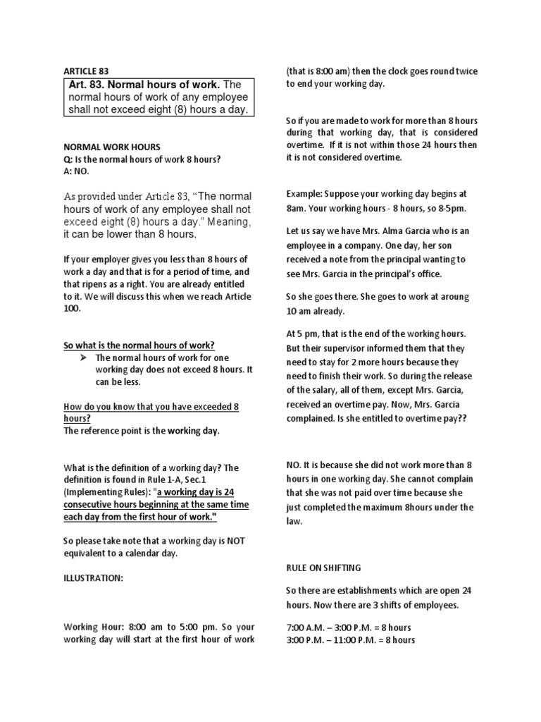 The Normal Hours of Work of Any Employee Shall Not Exceed Eight (8 ...