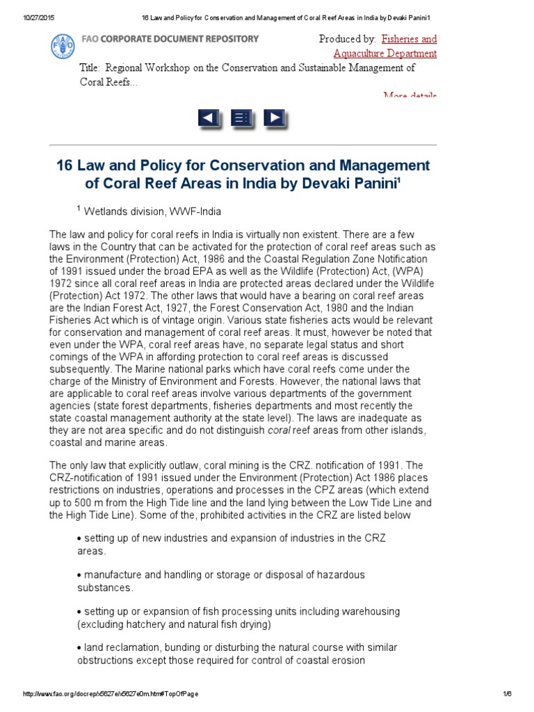 16 Law and Policy For Conservation and Management of Coral Reef Areas in India by Devaki Panini1 ...