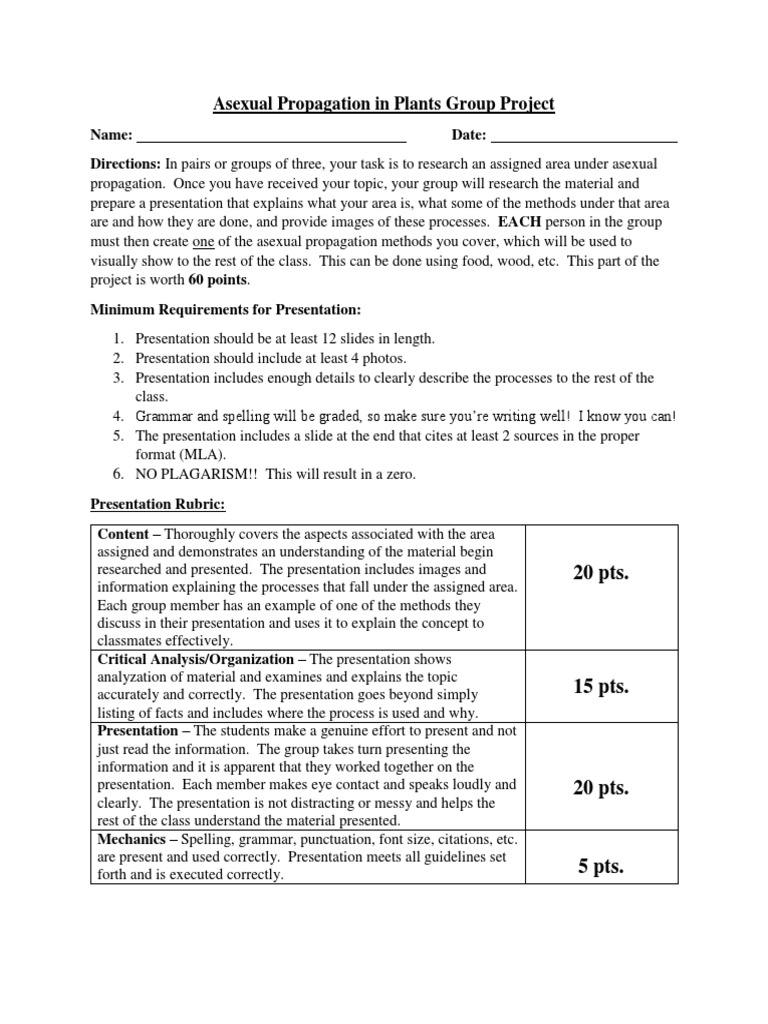 asexual propagation in plants group project rubrics | Rubric (Academic ...