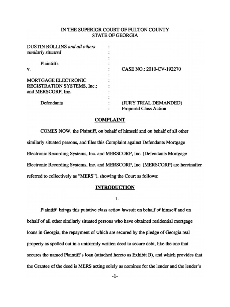 Dustin Rollins V Mers Class Action Suit | PDF | Mortgage Law | Foreclosure