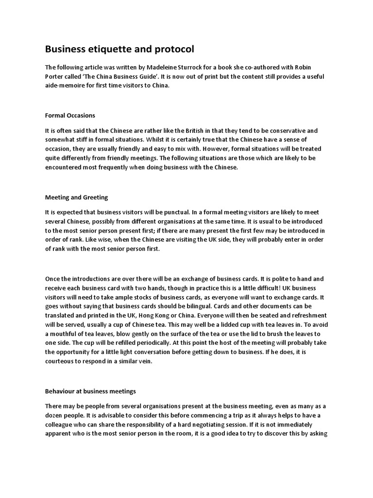 Business Etiquette and Protocol | PDF | Tableware | China