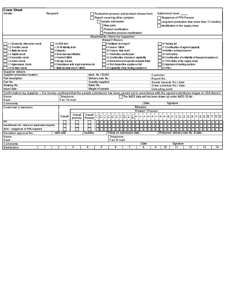 VDA PPF Report Form | Software Testing | Specification (Technical Standard)