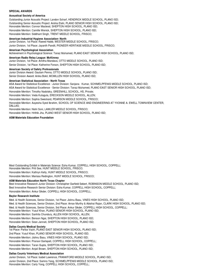 Dallas Science Fair Special Awards | PDF | Dallas–Fort Worth Metroplex