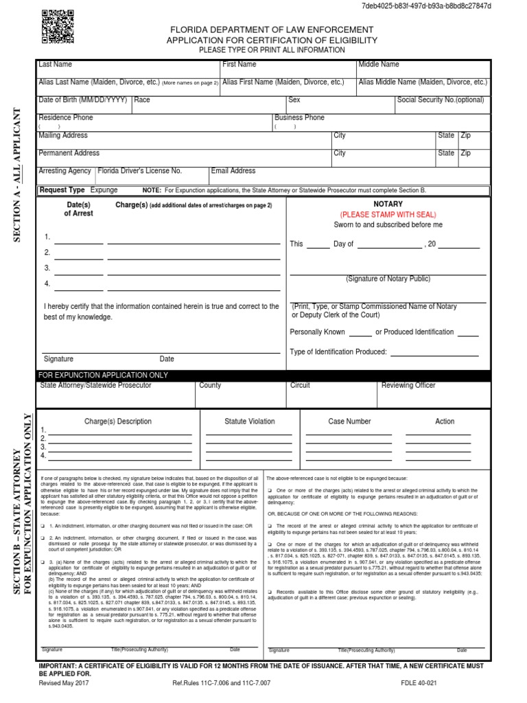FDLE - Application For Certificate of Eligibility To Expunge or Seal ...