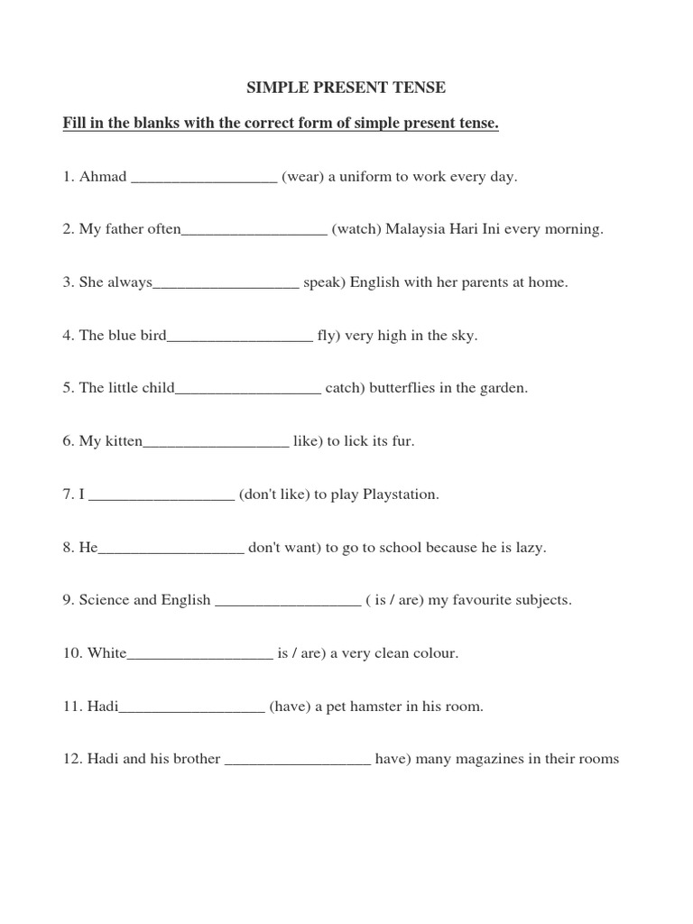 Simple Present Tense Fill in The Blanks With The Correct Form of Simple ...