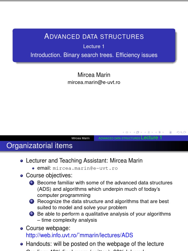 Dvanced Data Structures: Introduction. Binary Search Trees. Efficiency ...