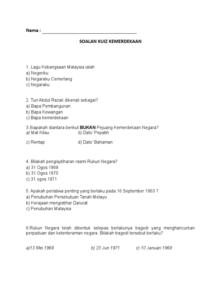 Soalan Kuiz Kemerdekaan 2013 | PDF
